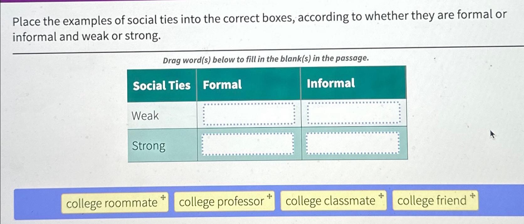 Solved Place the examples of social ties into the correct | Chegg.com