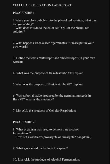 Solved CELLULAR RESPIRATION LAB REPORT: PROCEDURE 1: 1. When | Chegg.com