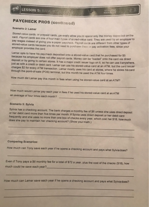 Solved LESSON 5: BANKY PAYCHECK PROS (continued) Scenario 2: | Chegg.com
