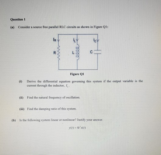 Solved Question 1 (a) Consider a source free parallel RLC | Chegg.com