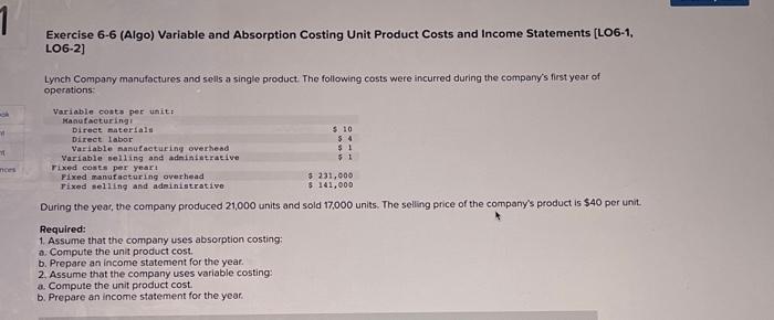 Solved Exercise 6-6 (Algo) Variable and Absorption Costing | Chegg.com