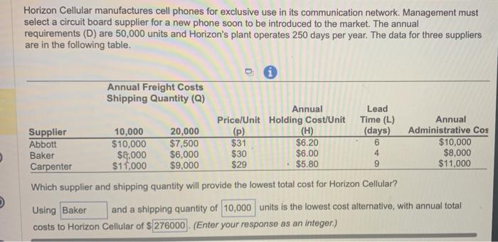 Solved Horizon Cellular manufactures cell phones for | Chegg.com