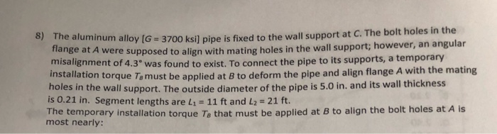 8) The aluminum alloy (G = 3700 ksi) pipe is fixed | Chegg.com