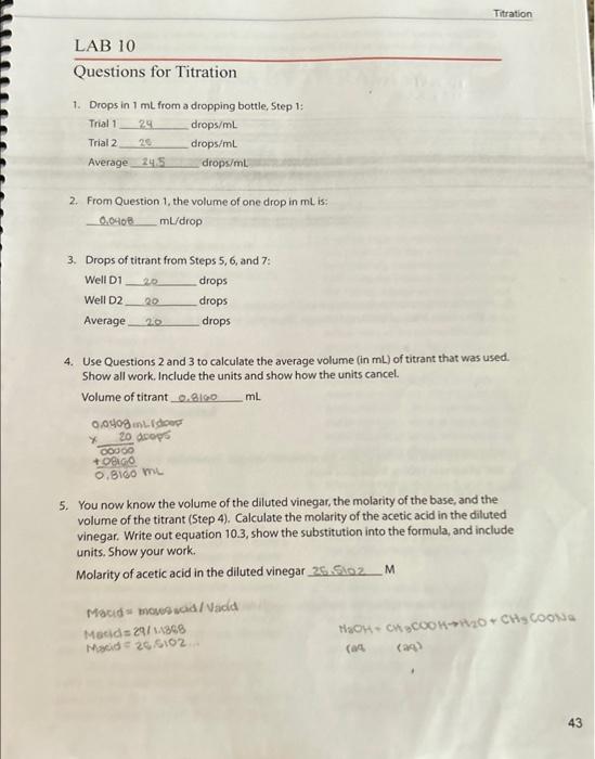 Solved LAB 10 Questions for Titration 1. Drops in 1 mL from | Chegg.com