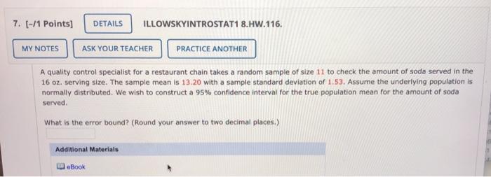 Solved 7. (-/1 Points) DETAILS ILLOWSKYINTROSTAT1 8.HW.116. | Chegg.com