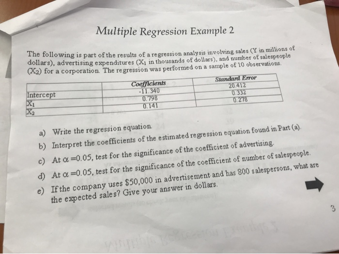 Solved Multiple Regression Example 2 the following is part | Chegg.com