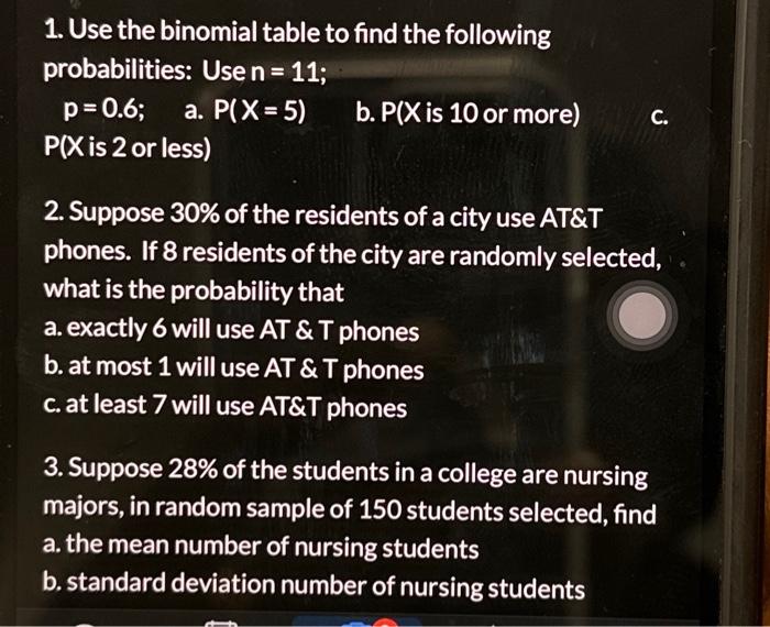 Solved 1. Use the binomial table to find the following | Chegg.com