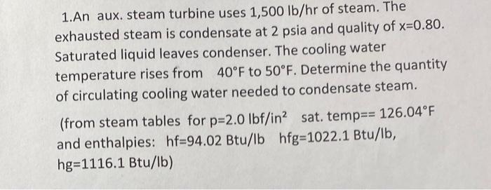 Solved 1. An aux. steam turbine uses 1,500lb/hr of steam. | Chegg.com