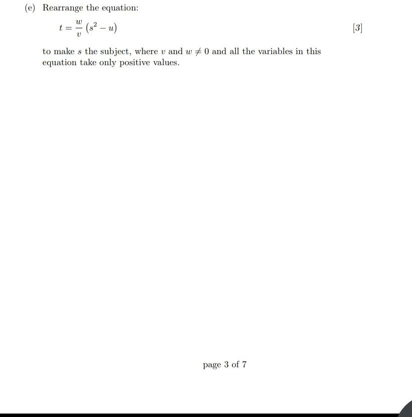Solved (e) Rearrange the equation: w (3) to make s the | Chegg.com