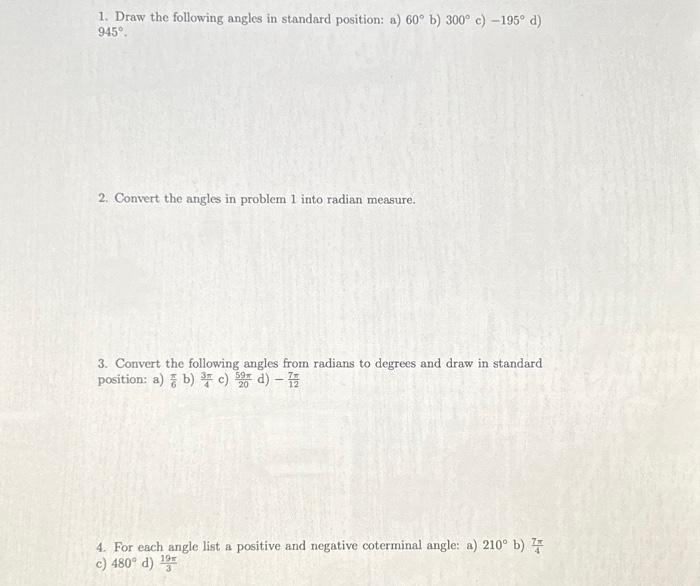 Solved 1. Draw the following angles in standard position: a) | Chegg.com