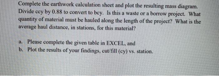 Solved Complete the earthwork calculation sheet and plot the | Chegg.com