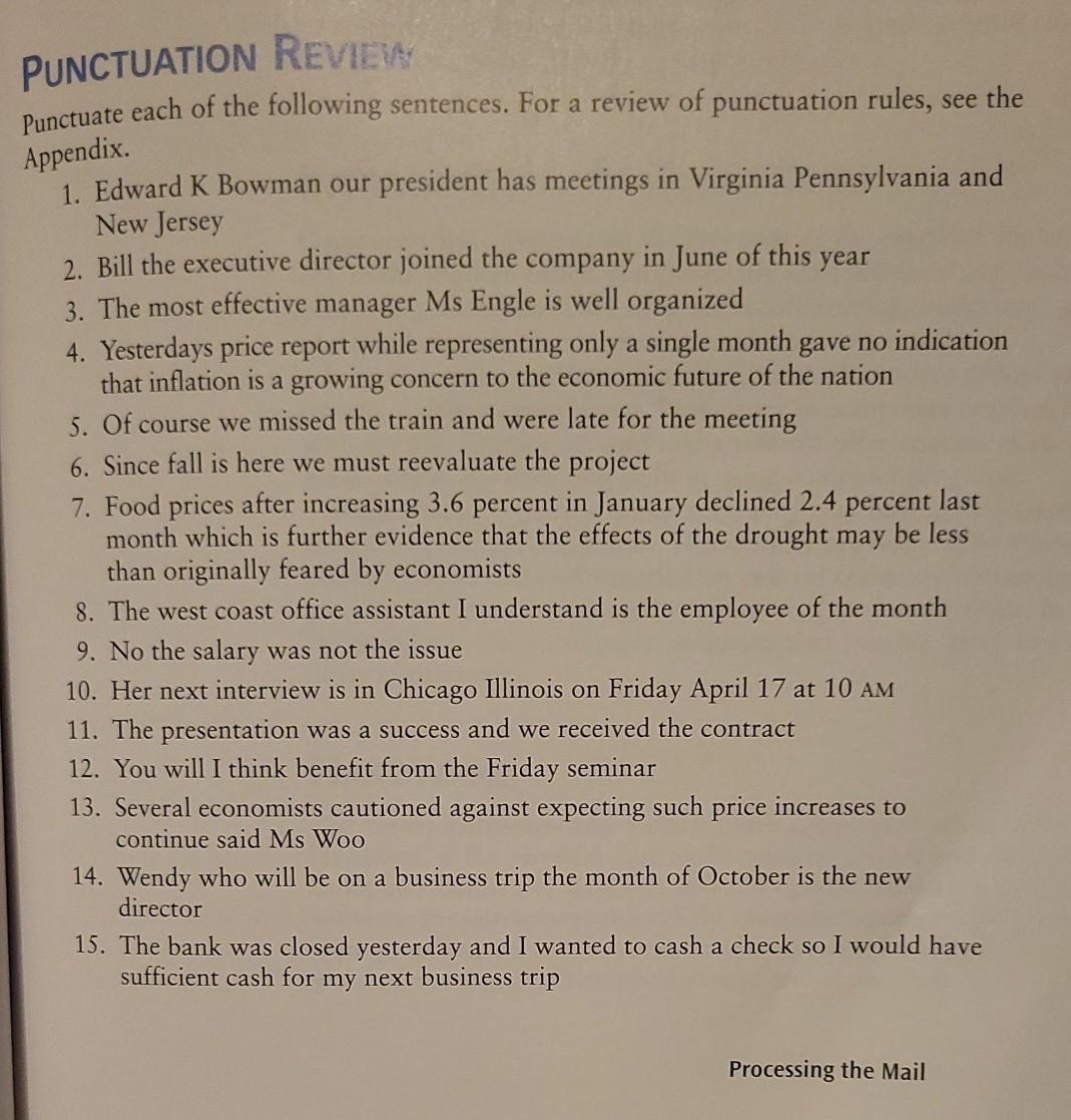 Solved PUNCTUATION REVIEW Punctuate each of the following | Chegg.com