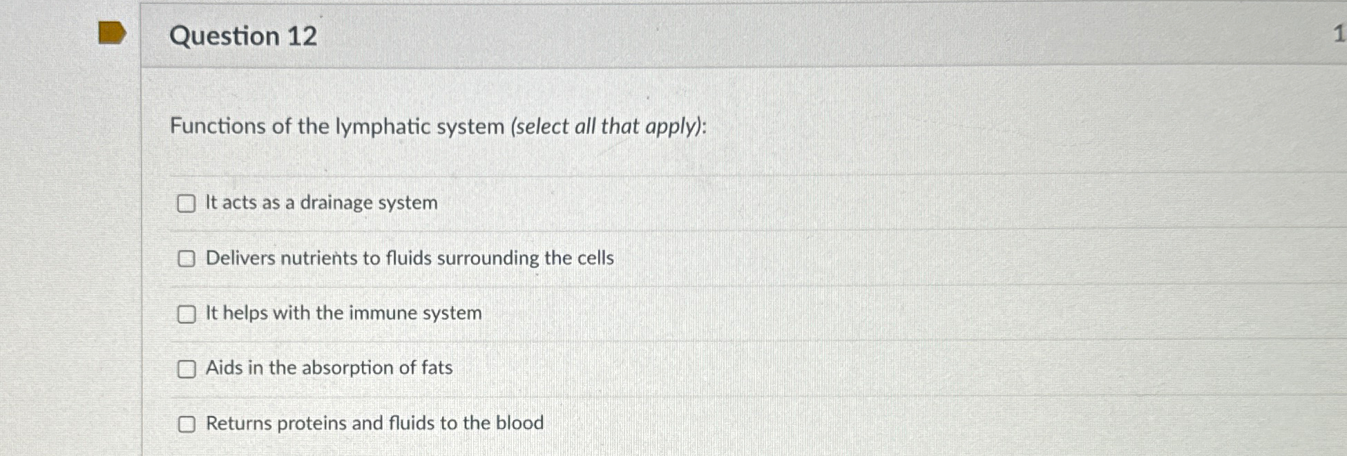 Solved Question 12Functions of the lymphatic system (select | Chegg.com
