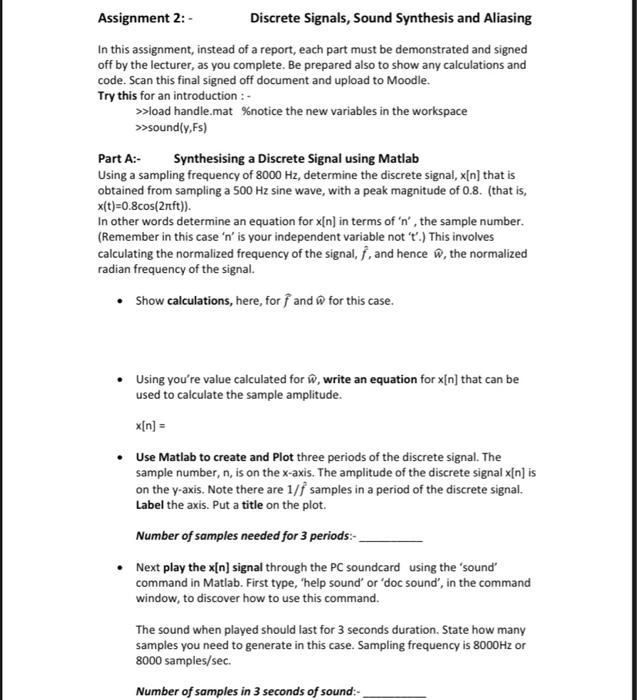 Assignment 2: - Discrete Signals, Sound Synthesis | Chegg.com