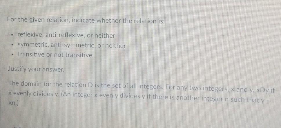 Solved For the given relation, indicate whether the relation | Chegg.com