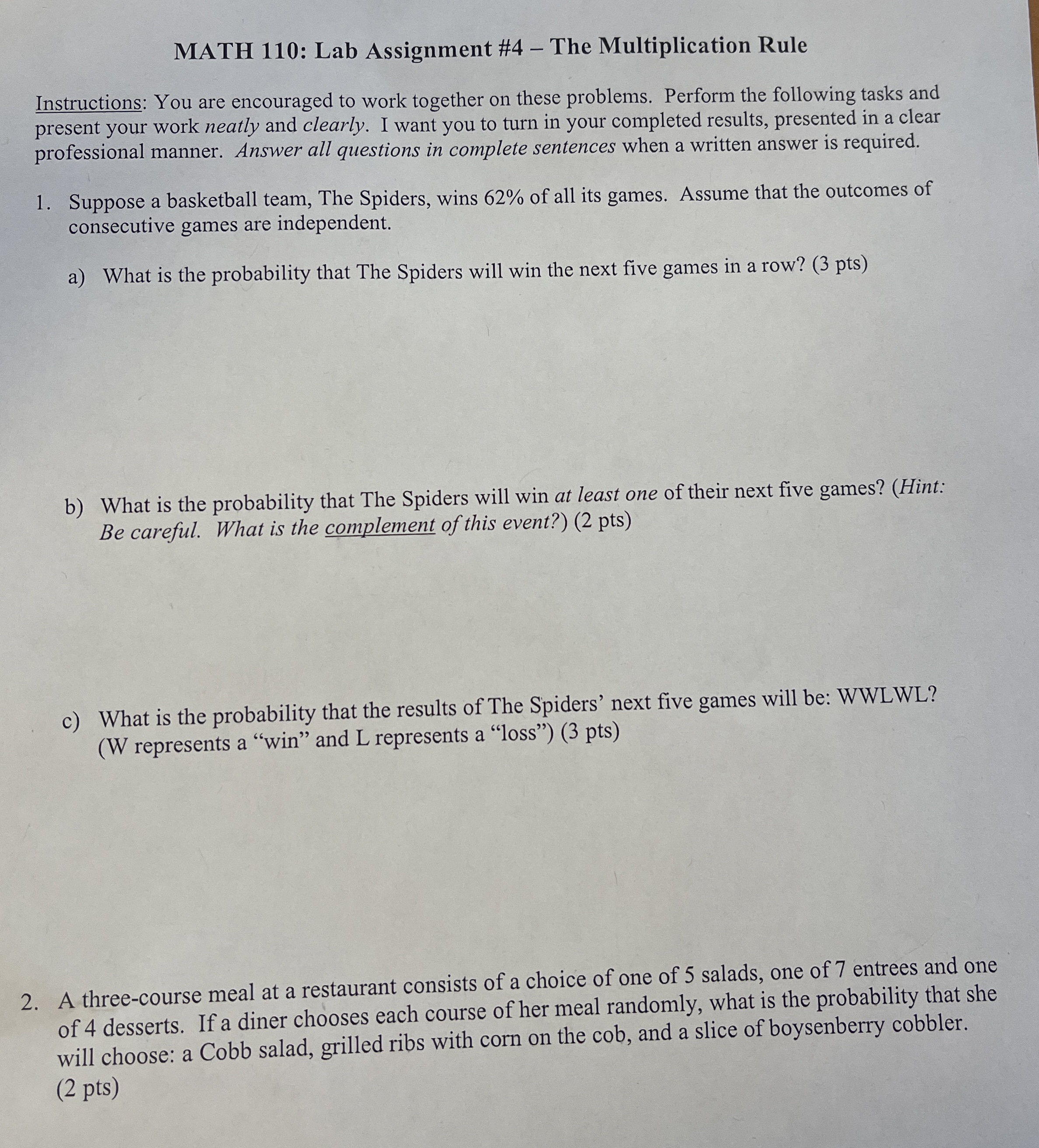 Solved MATH 110: Lab Assignment #4 - ﻿The Multiplication | Chegg.com