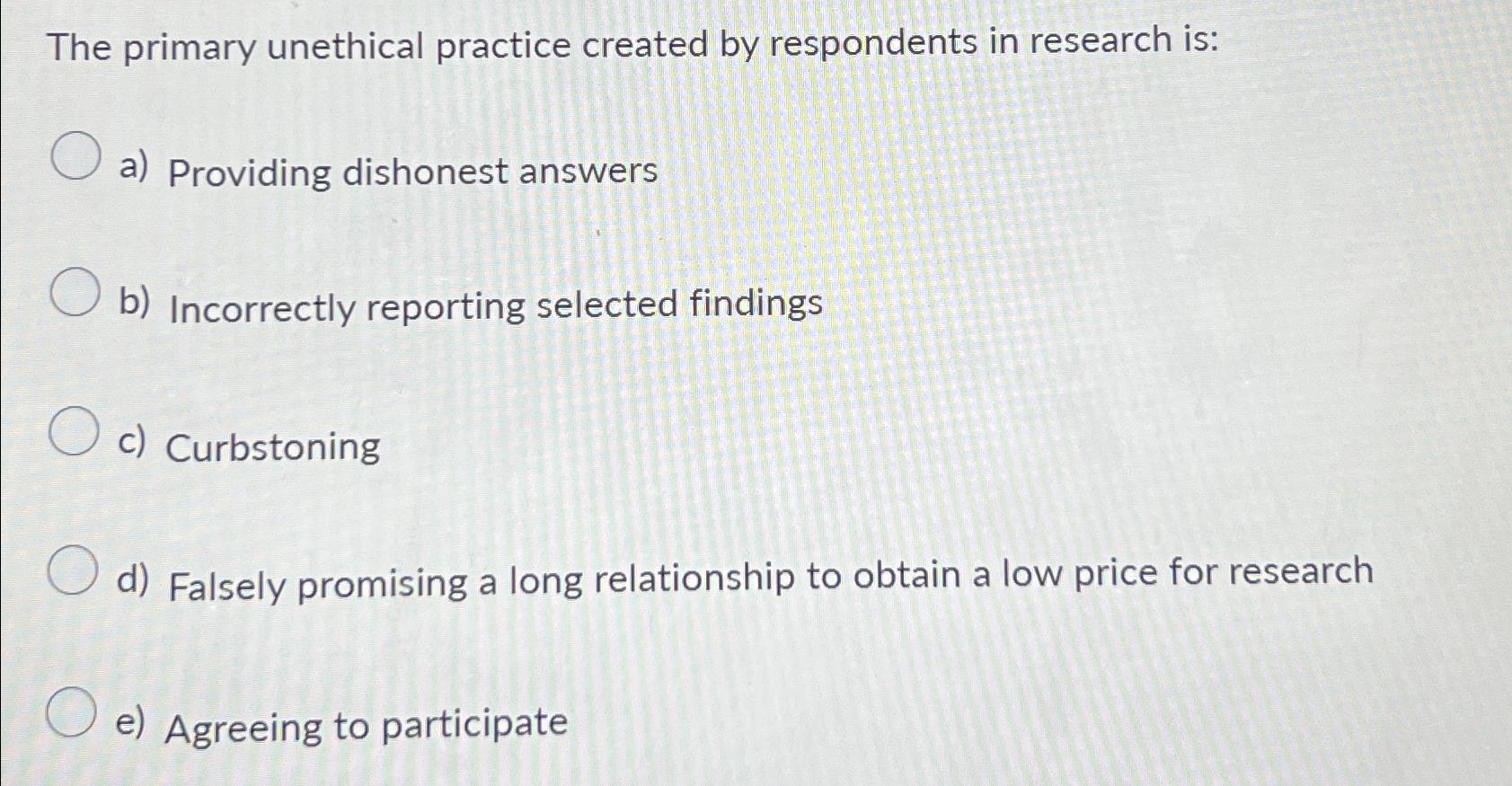 Solved The primary unethical practice created by respondents | Chegg.com