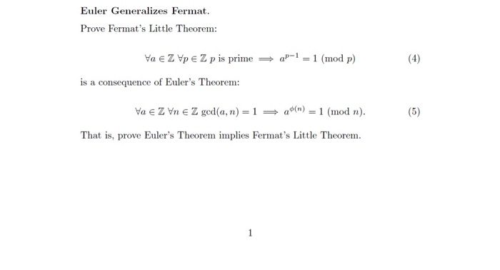 Solved Euler Generalizes Fermat. Prove Fermat's Little | Chegg.com