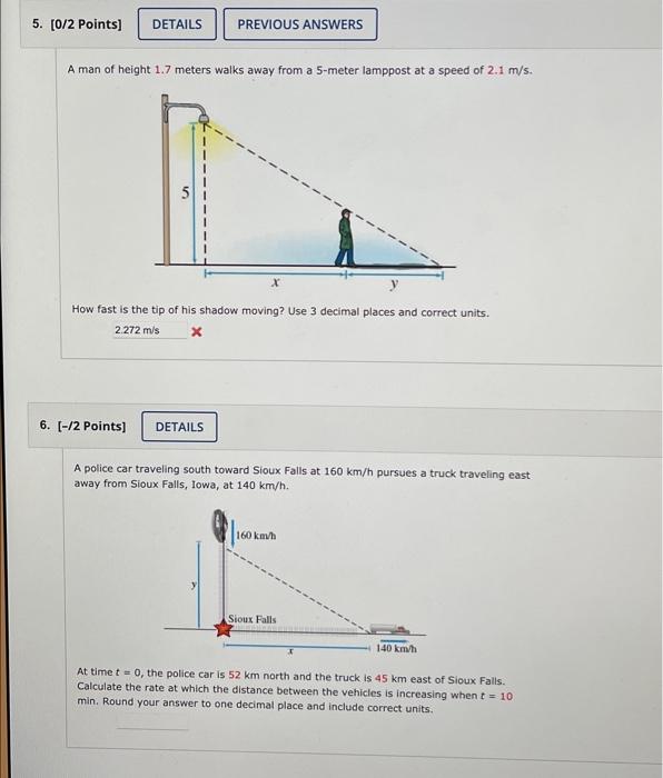 Solved A man of height 1.7 meters walks away from a 5 -meter | Chegg.com