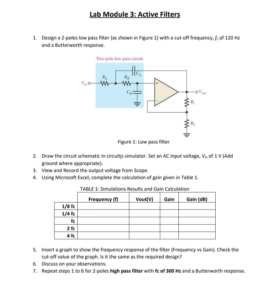 Solved Lab Module 3: Active Filters 1. Design a 2-poles low | Chegg.com