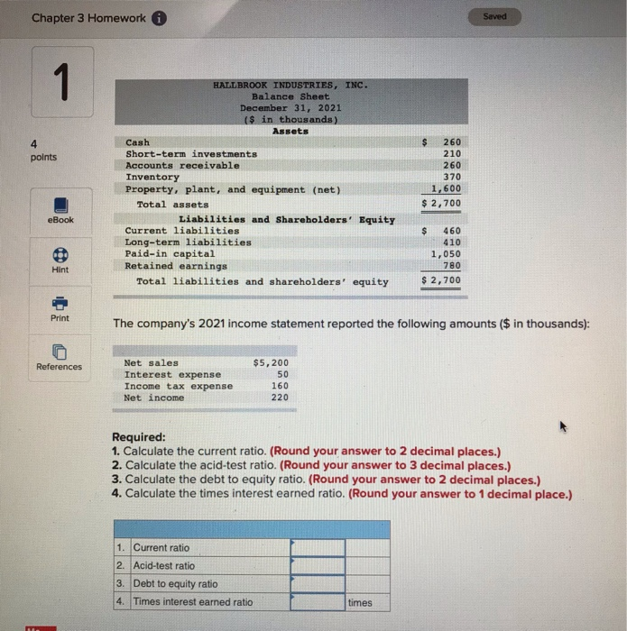 Solved Chapter 3 Homework Saved - points HALLBROOK | Chegg.com