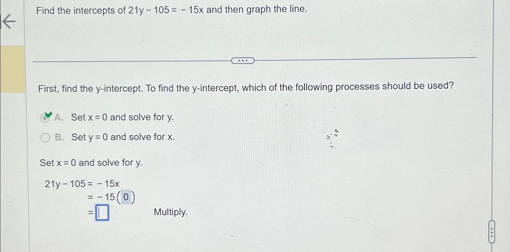 Solved Find the intercepts of 21y-105=-15x ﻿and then graph | Chegg.com