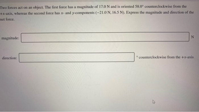 Solved Two Forces Act On An Object The First Force Has A