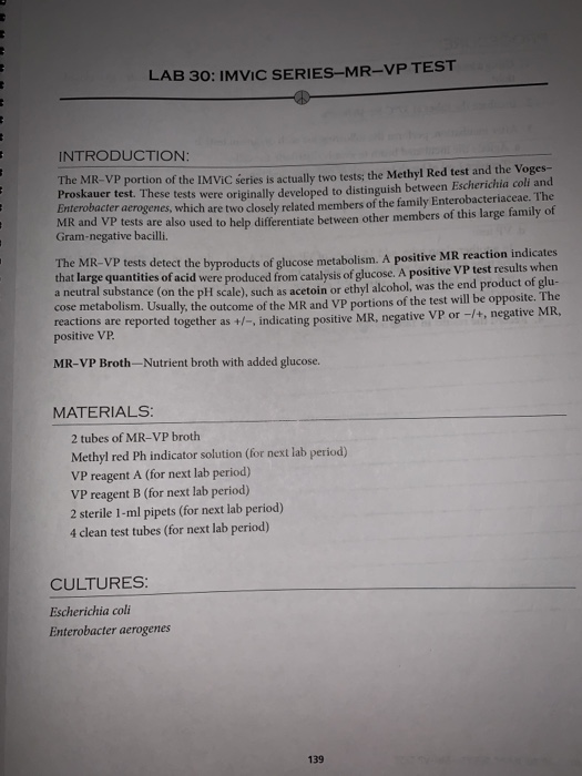 Solved LAB 30: IMVIC SERIES-MR-VP TEST INTRODUCTION: The | Chegg.com