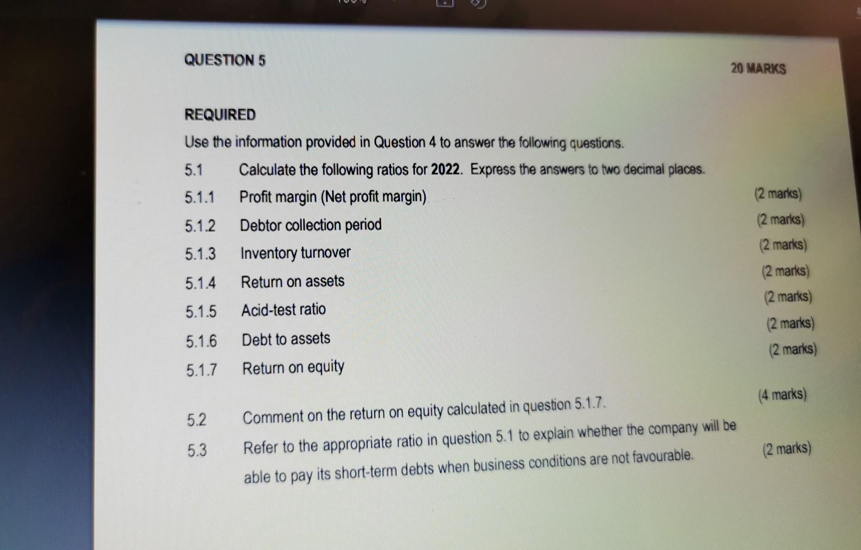 Solved QUESTION 5 20 MARKS REQUIRED Use the information | Chegg.com