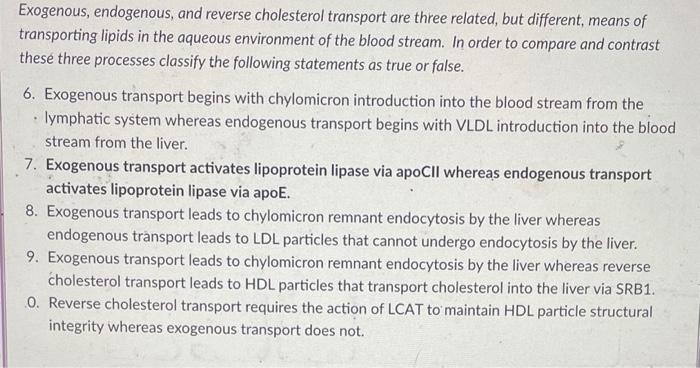 Solved Exogenous, endogenous, and reverse cholesterol | Chegg.com
