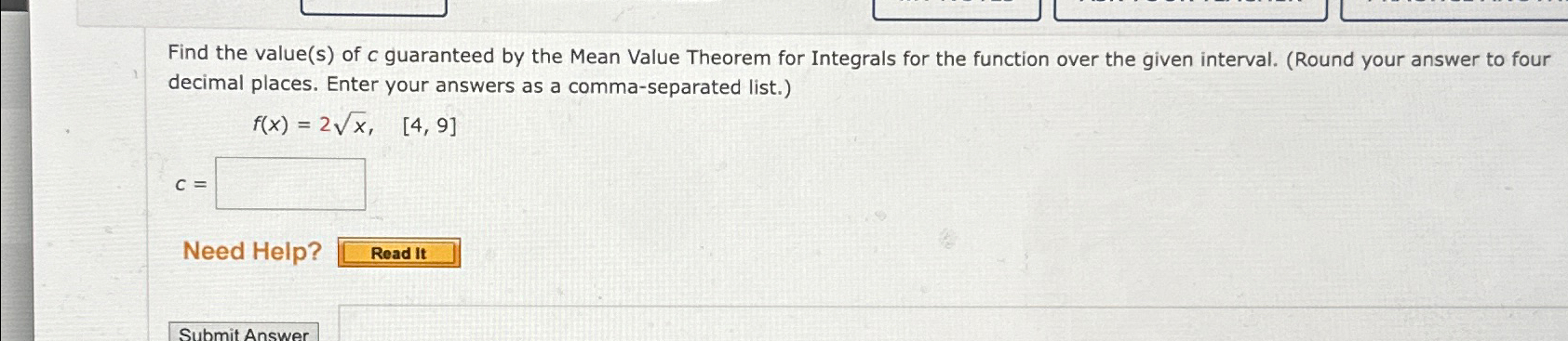 Solved Find the value(s) ﻿of c ﻿guaranteed by the Mean Value | Chegg.com
