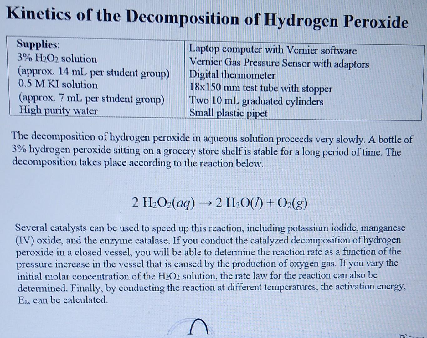 Solved Kinetics of the Decomposition of Hydrogen Peroxide | Chegg.com