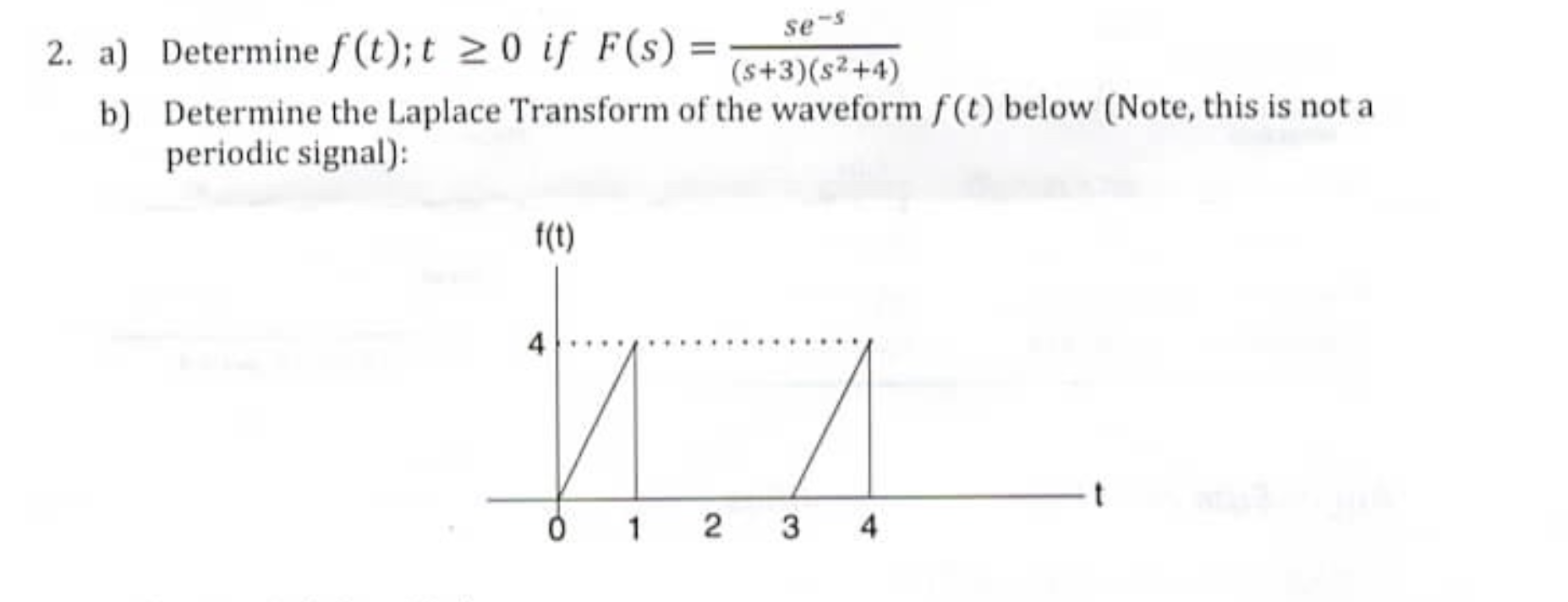 Solved a) ﻿Determine f(t);t≥0 ﻿if F(s)=se-s(s+3)(s2+4)b) | Chegg.com