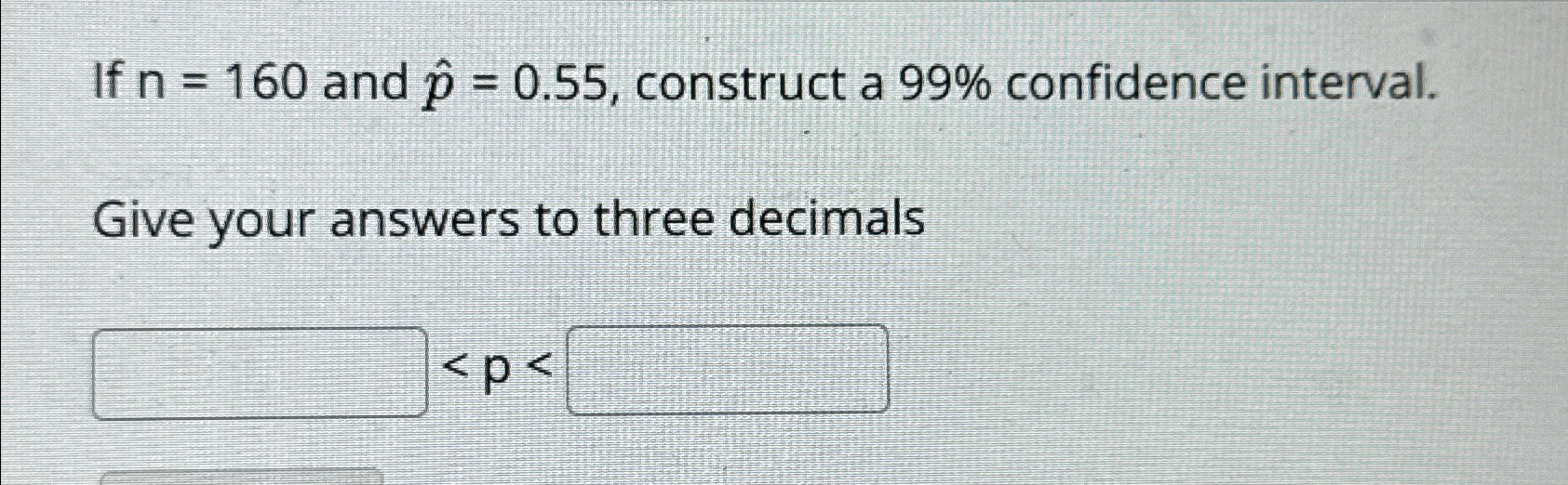 Solved If n=160 ﻿and hat(p)=0.55, ﻿construct a 99% | Chegg.com