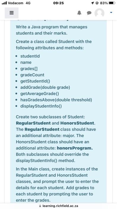 Solved .Il Vodacom 4G = 09:25 Write a Java program that | Chegg.com