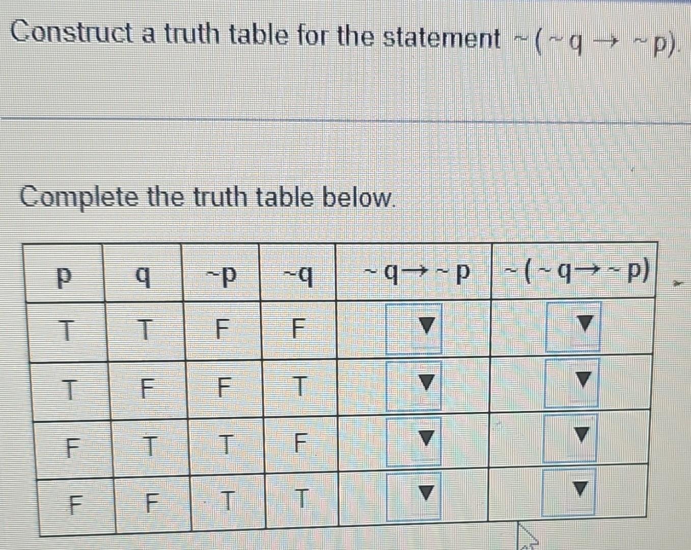 Solved Construct a truth table for the statement ∼(∼q→∼p). | Chegg.com