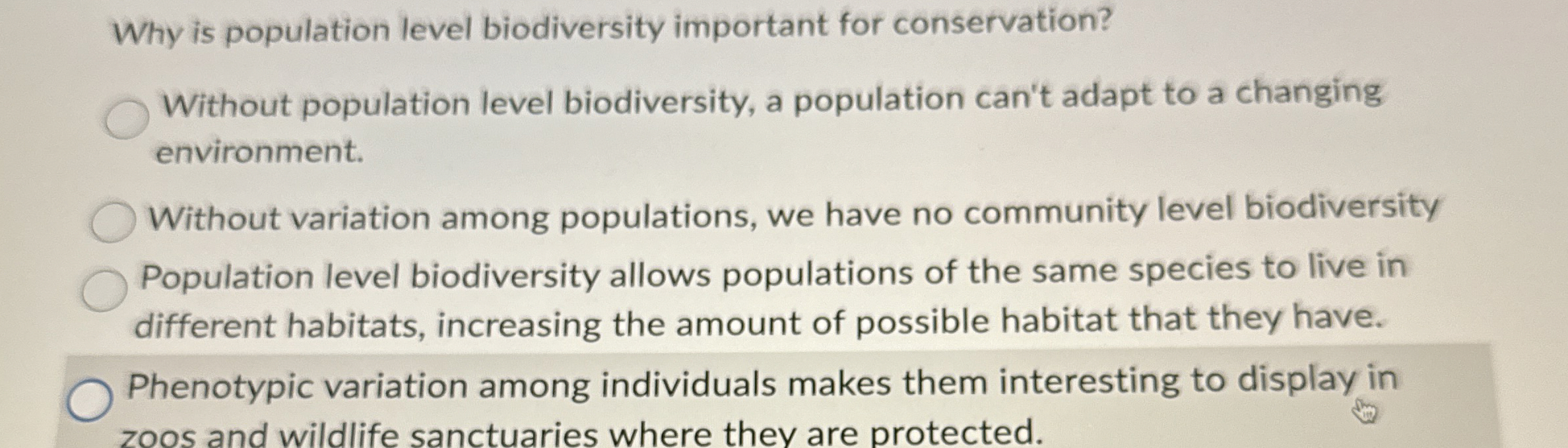Solved Why is population level biodiversity important for | Chegg.com