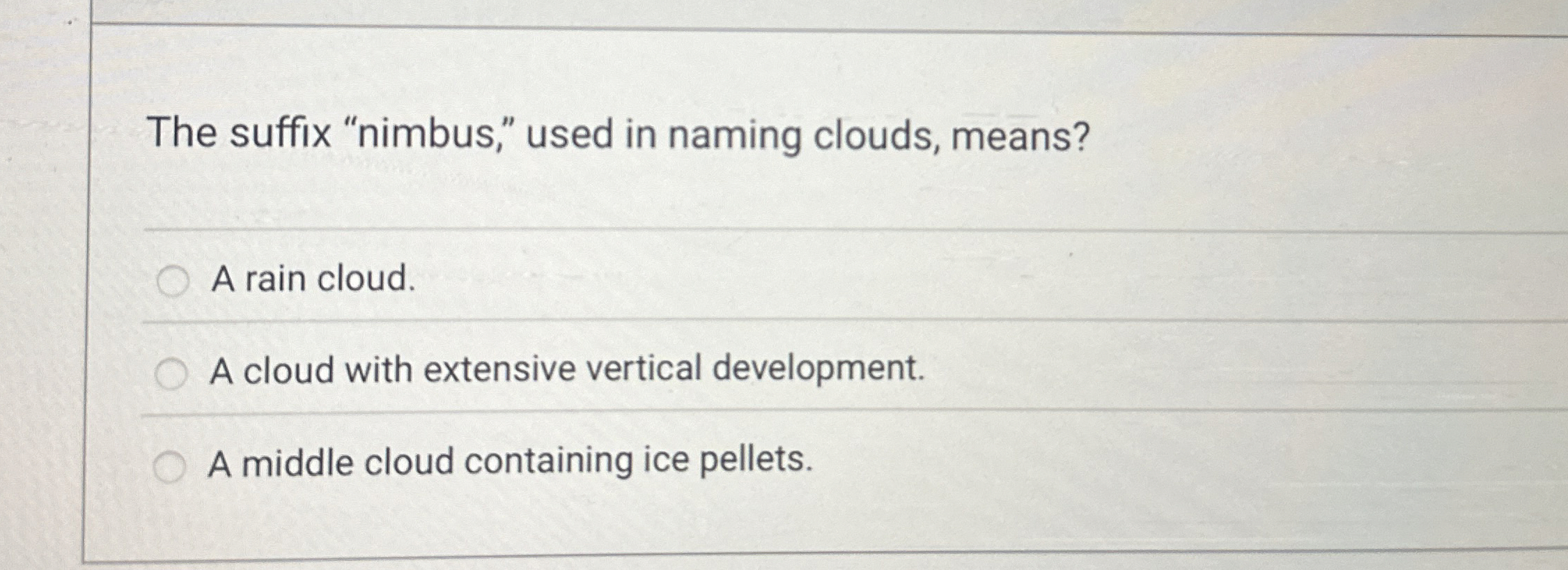 Solved The suffix "nimbus," used in naming clouds, means?A | Chegg.com