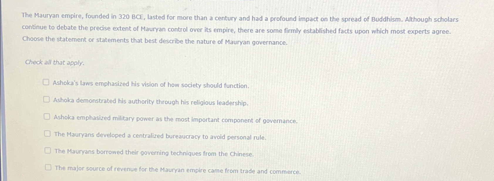 Solved The Mauryan empire, founded in 320 ﻿BCE, lasted for | Chegg.com