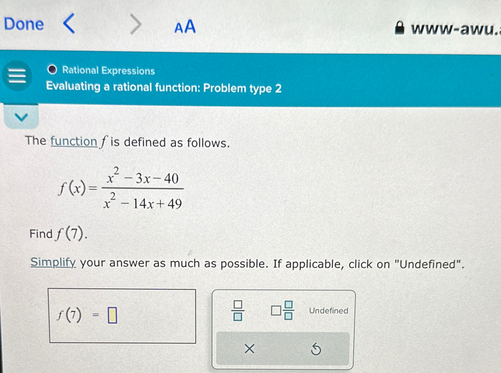 Solved DoneAAwww-awu.Rational ExpressionsEvaluating a | Chegg.com
