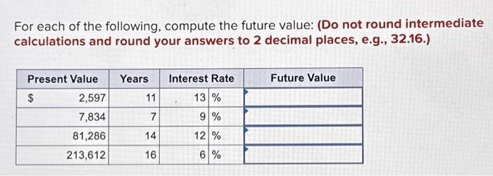 Solved For each of the following, compute the future value: | Chegg.com