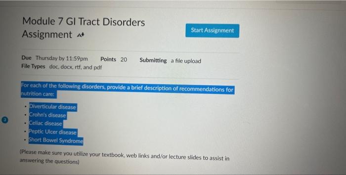 Solved Module 7GI Tract Disorders Assignment At Due Thursday | Chegg.com