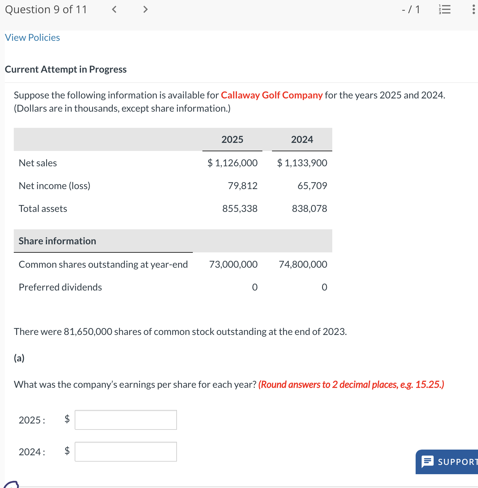 Solved Question 9 ﻿of 11View PoliciesCurrent Attempt in | Chegg.com