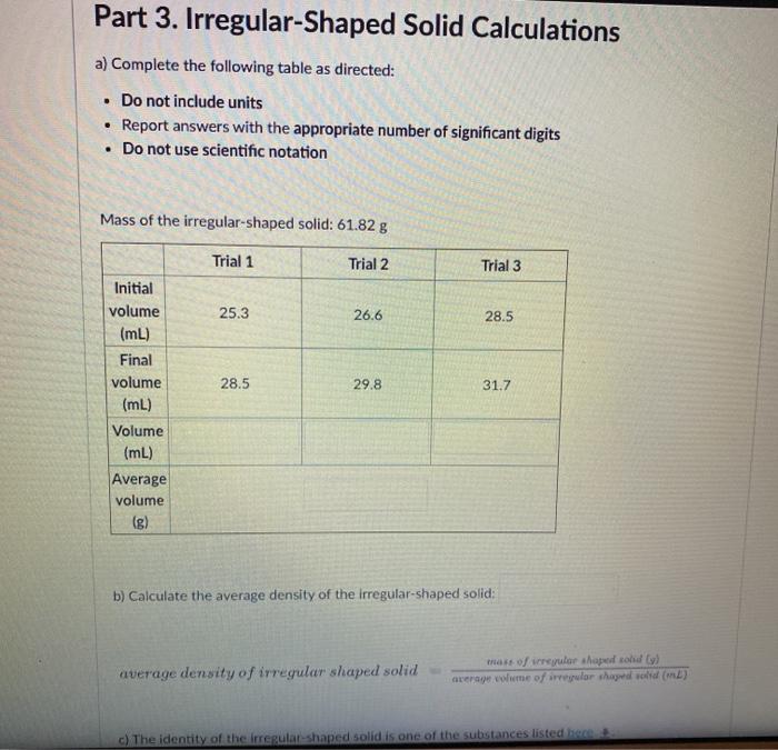 Solved Part 3. Irregular-Shaped Solid Calculations a) | Chegg.com