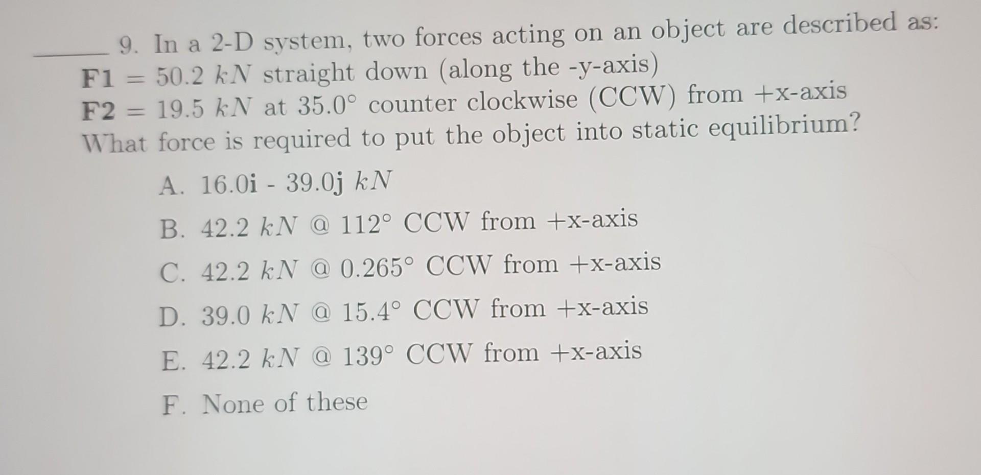 Solved 9. In a 2-D system, two forces acting on an object | Chegg.com