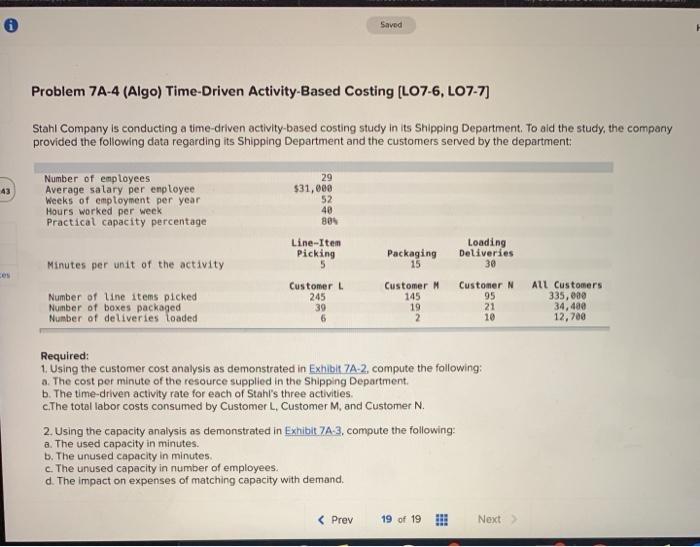 Solved Saved Problem 7A-4 (Algo) Time-Driven Activity-Based | Chegg.com