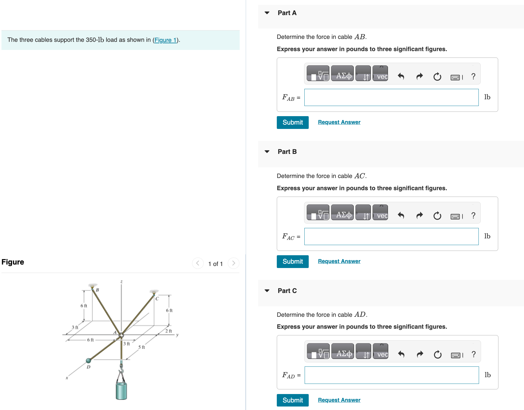 Solved Part AThe three cables support the 350-lb load as | Chegg.com