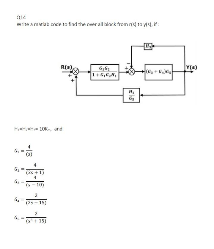 Solved Q14 Write a matlab code to find the over all block | Chegg.com