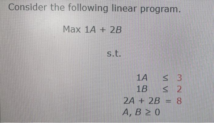 Solved Consider the following linear program. Max 1A + 2B | Chegg.com