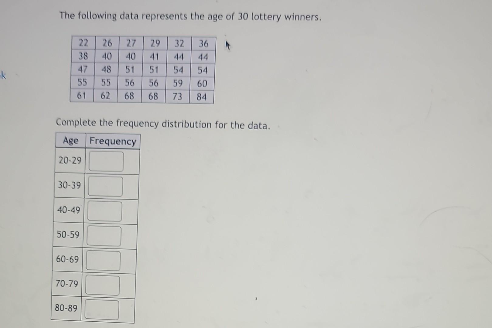 Solved The following data represents the age of 30 lottery | Chegg.com